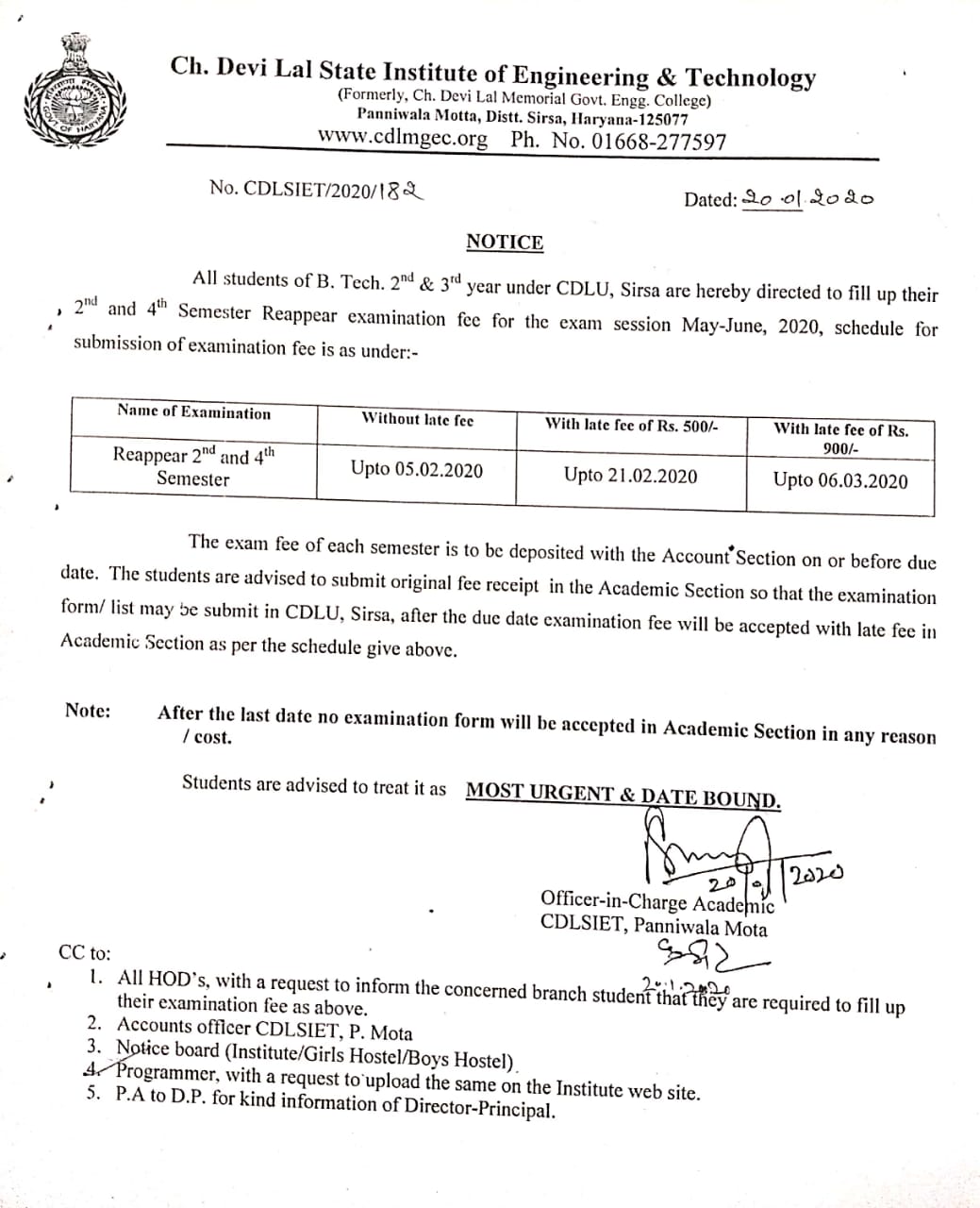 Notice Regarding Examination fee of reappear 2nd & 4th Semester under ...